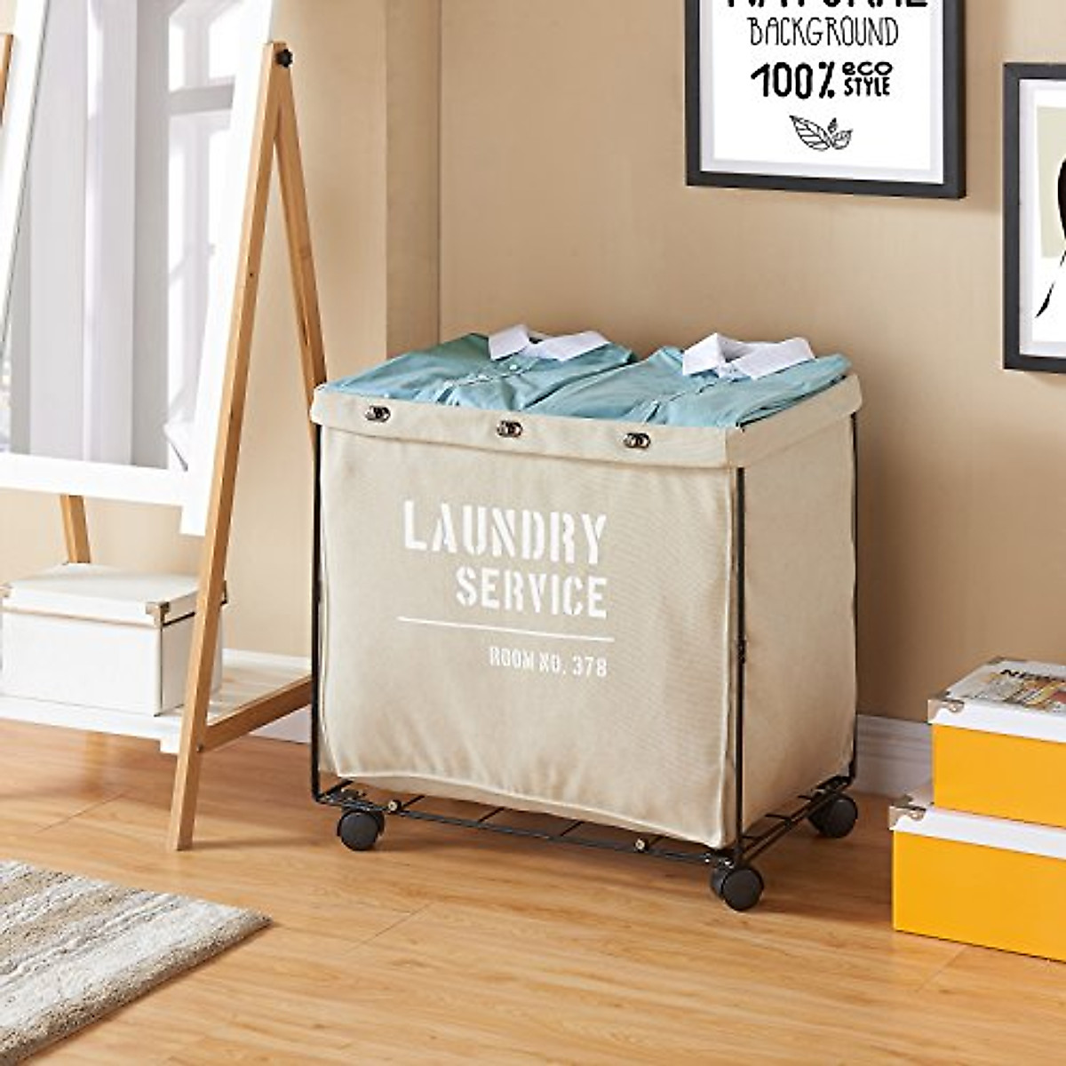 Danya B. Army Canvas Laundry Hamper on Wheels, Canvas Laundry Bag, Laundry Basket with Wheels