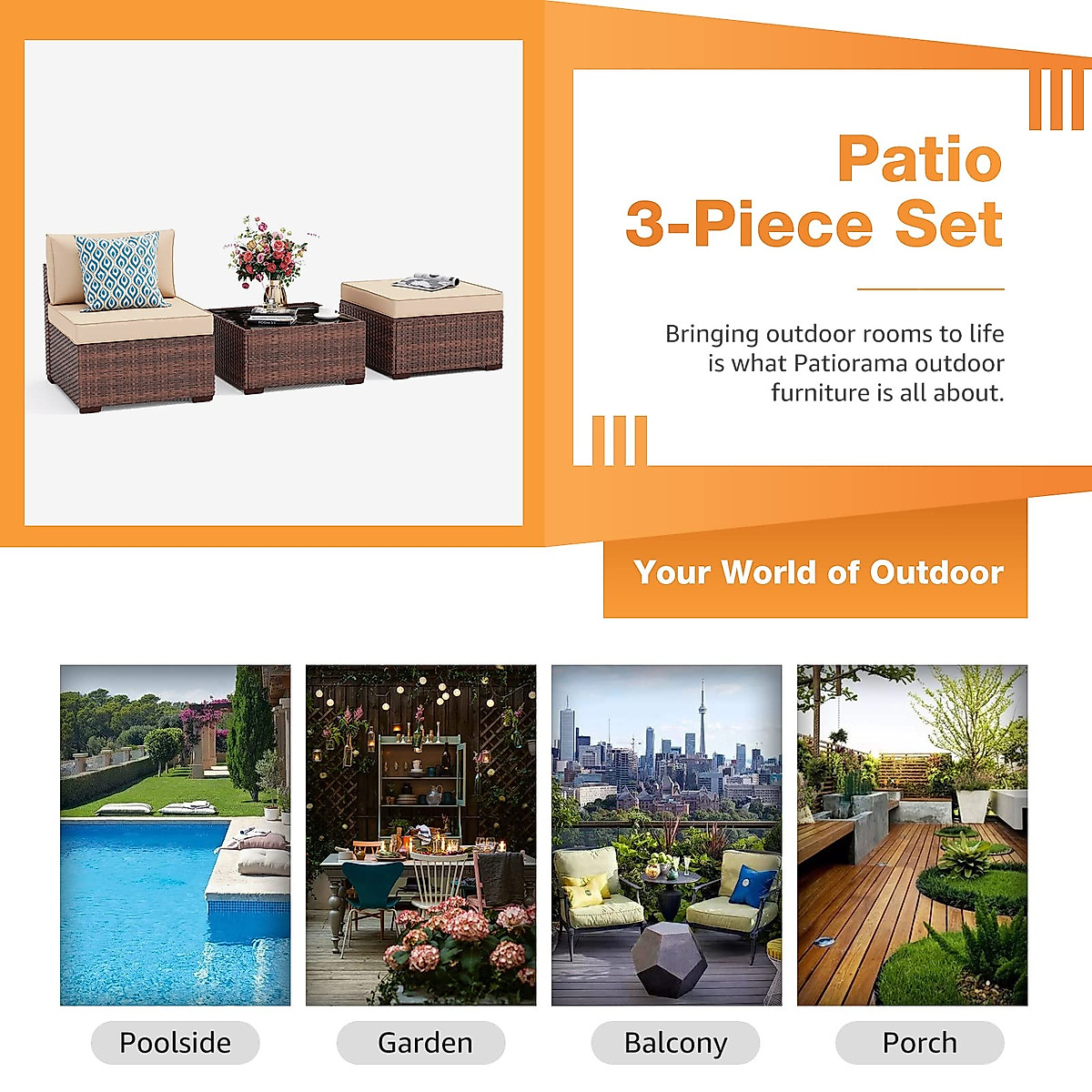 Patiorama 3 Piece Patio Furniture Set, Outdoor Sectional Sofa, PE Wicker Rattan Conversation Set, All Weather Armless Chair and Ottoman with Coffee Table, Brown Wicker Beige Cushion
