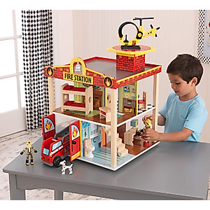 KidKraft Wooden Fire Station Set for 360 Degree Play - Wooden Construction, Working Garage Doors, Bendable Figures, Young Children Toy, Comes with Instructions, Scree Free Toy, Gift for Ages 3+