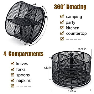 DysanVica 360° Rotating Metal Utensil Caddy - 4 Compartment Silverware Cutlery Holder Rotation Fork Spoon Napkin Organizer Flatware Storage Basket Party Countertop Buffet Picnic Camping Outdoor Black
