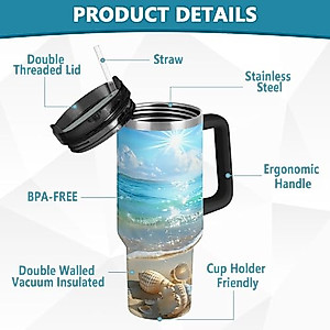 FRCSDIY Beach Shells Insulated Tumbler with Handle and Straw Lid,40oz Leakproof Stainless Steel Cup BPA-Free Water Bottle