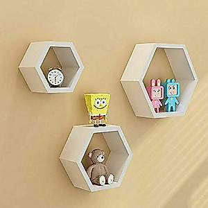 LOYALHEARTDY White Hexagon Floating Shelves 3Pcs Wall Mounted Shelf Wood Farmhouse Storage Honeycomb Wall Shelf