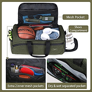 FIORETTO 35L Mens Sports Gym Duffle Bag with Wet Pocket & Shoe Compartment, Overnight Weekender Bag with Padded Shoulder Strap, Ideal for Travel, Gym, Sports, Swimming, Army Green