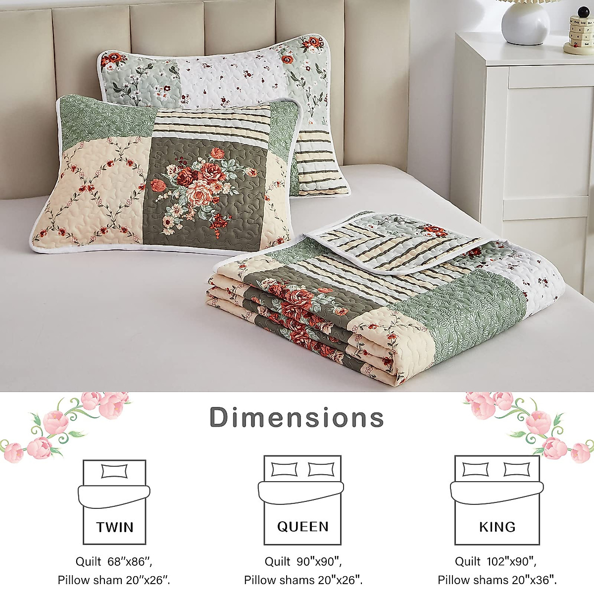 Patchwork Quilt Set Twin Size, 2 Pieces Green White Floral Plaid Design Summer Bedspread Coverlet Set, Soft Microfiber Reversible Lightweight Bed Cover for Kids (68" x 86", 1 Quilt+ 1 Pillow Sham)