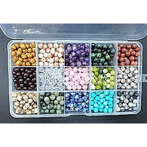 750pcs 6mm Natural Round Stone Beads Healing Engry Crystals Gemstone Beading Loose Gemstone Hole Size 1mm DIY Smooth Beads for Bracelet Necklace Earrings Jewelry Making,Box Packed(15 Material -3,6mm)