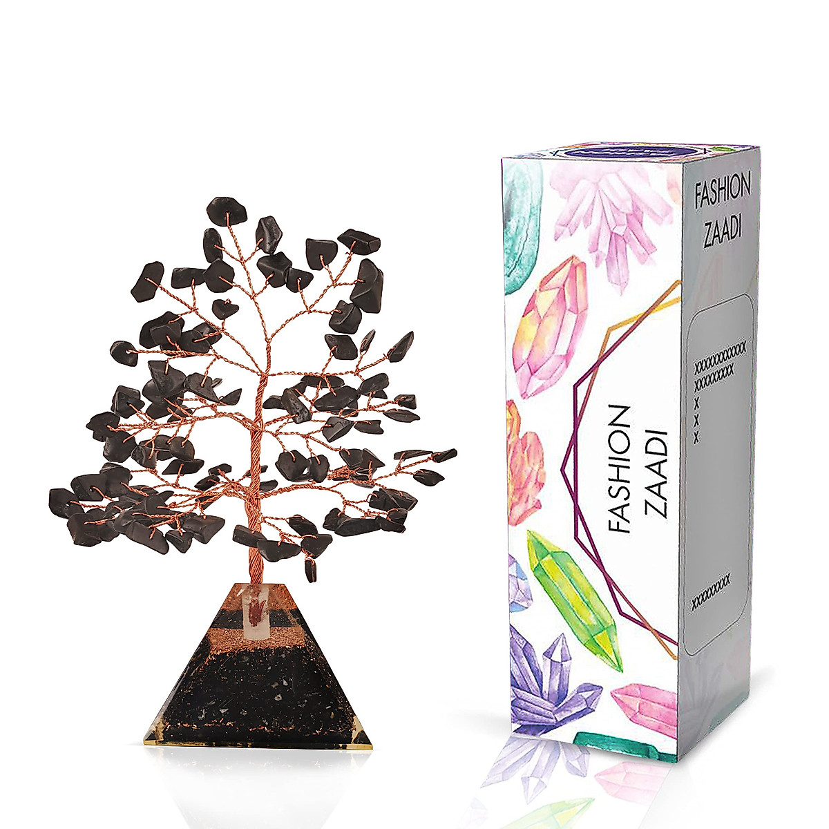 FASHIONZAADI Chakra Tree Reiki Healing Orgone Pyramid Base Bonsai Trees Good Luck Statue Crystal Feng Shui Decor Figurine Vastu Correction Reikis Stones (Black Tourmaline)