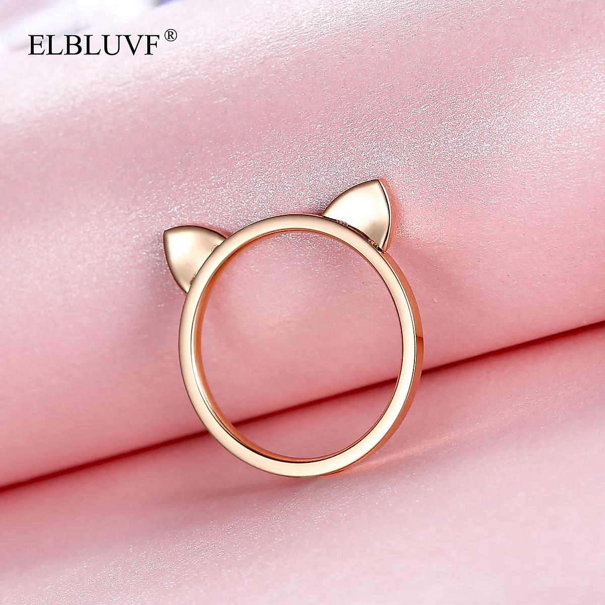 ELBLUVF 18k Rose Gold Plated Stainless-Steel Cat Ears Ring Cat Ring Size 4-7 (7)