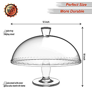 ums Glass Cake Stand with Dome - Footed Glass Service Plate, Large Size (12 inch), Footed Cake Plate Wıth Dome, Multifunctional Serving Platter, durable glass