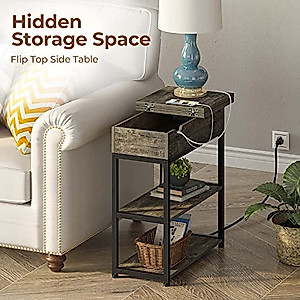 Rolanstar End Table with Charging Station, Narrow Nightstand, Flip Top Side Table with USB Ports and Storage Shelves for Small Spaces, Living Room, Bedroom, Grey