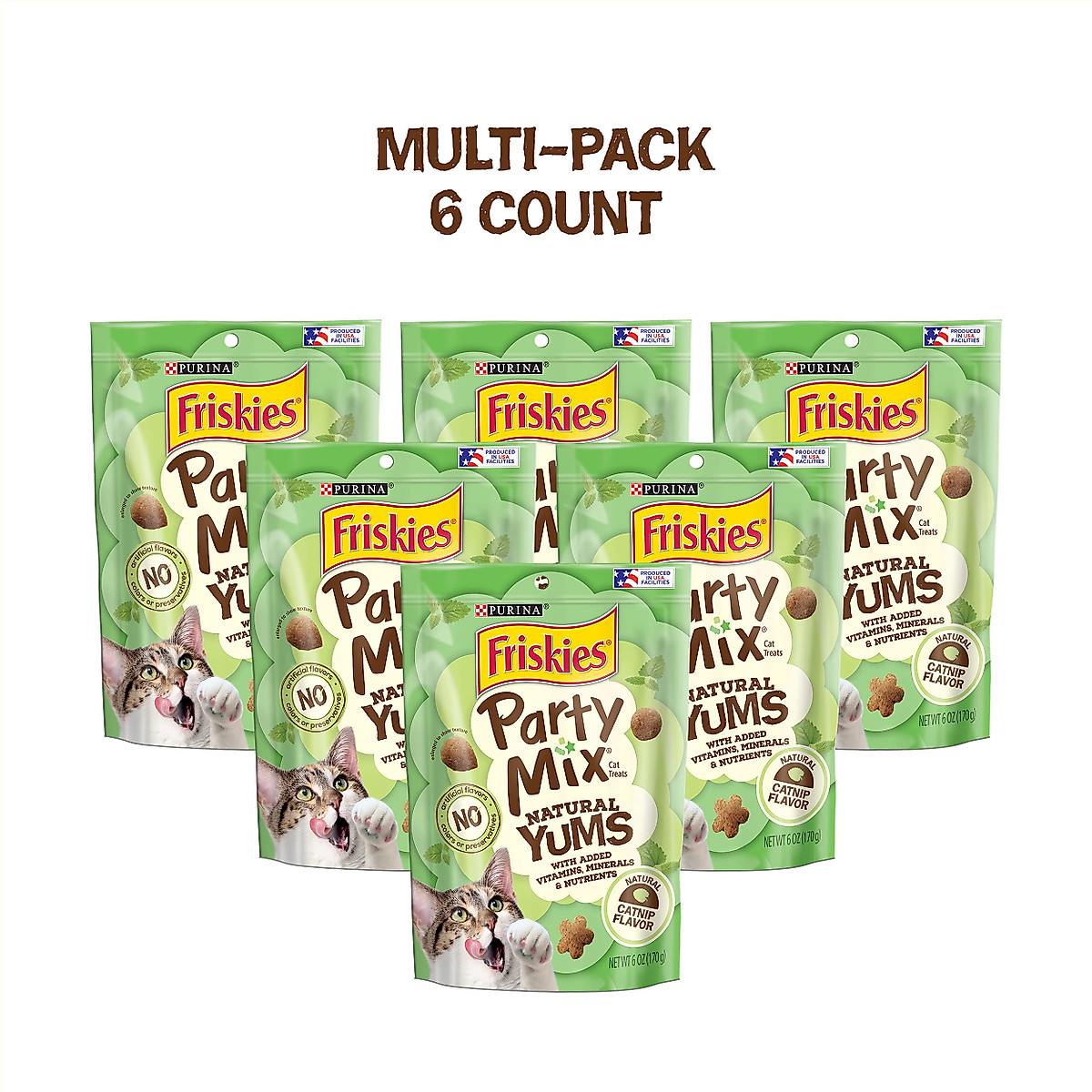 Purina Friskies Made in USA Facilities, Natural Cat Treats, Party Mix Natural Yums Catnip Flavor - (Pack of 6) 6 oz. Pouches
