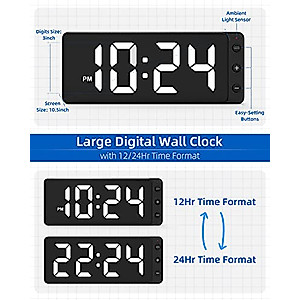 LED Digital Wall Clock with Large Display, Big Digits, Auto-Dimming, 12/24Hr Format, Battery Backup, Silent Wall Clock for Farmhouse, Kitchen, Living Room, Bedroom, Classroom, Office – White