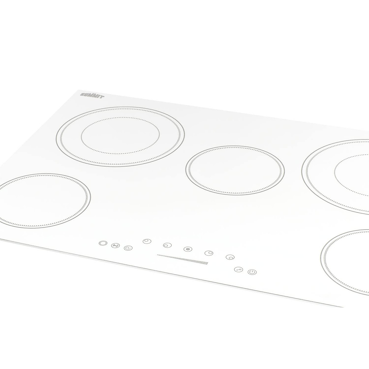 Summit Appliance CR5B30T8W 30" Wide 5-Burner Radiant Cooktop, White, Ceramic Glass Surface, Digital Touch Controls, 9 Power Levels, Programmable Timer, Residual Heat Indicator, 208-240v Operation