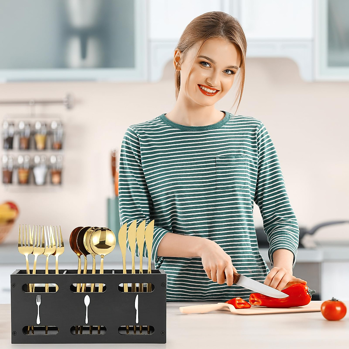 3 Compartment Wooden Kitchen Utensil Holder Organizer with 2 Adjustable Dividers,Silverware Organizer Farmhouse Utensil Caddy Crock for Counter Decor,Wall Mounted Kitchen Organizer and Storage Cutlery