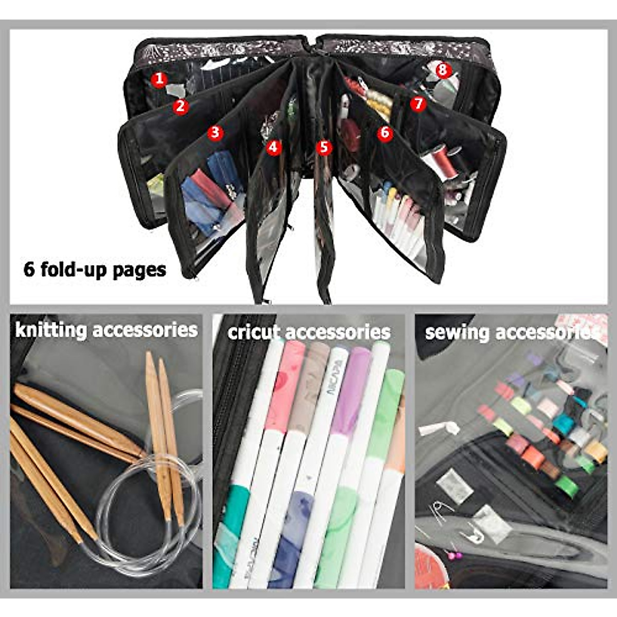 PACMAXI Sewing Accessories Storage Bag, Knitting, Craft Tools and Accessories Organizer, Roomy Carrying Bag for Sewing Tools and Accessories (White Tree with Black Background)