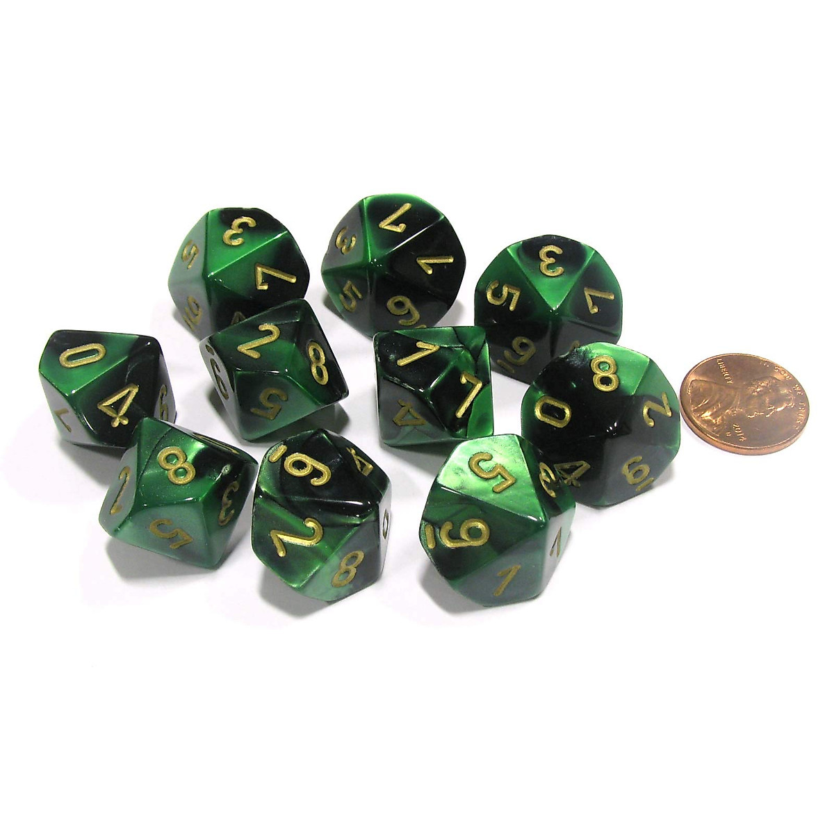 Chessex Dice Sets: Gemini Black & Green with Gold - Ten Sided Die d10 Set (10)
