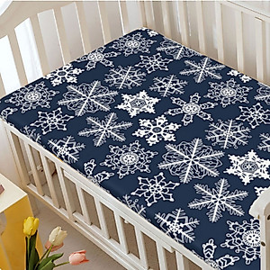 Snowflake Themed Fitted Crib Sheet,Soft Toddler Mattress Sheet Fitted - Crib Mattress Sheet or Toddler Bed Sheet,Navy Blue White,52“ x28“