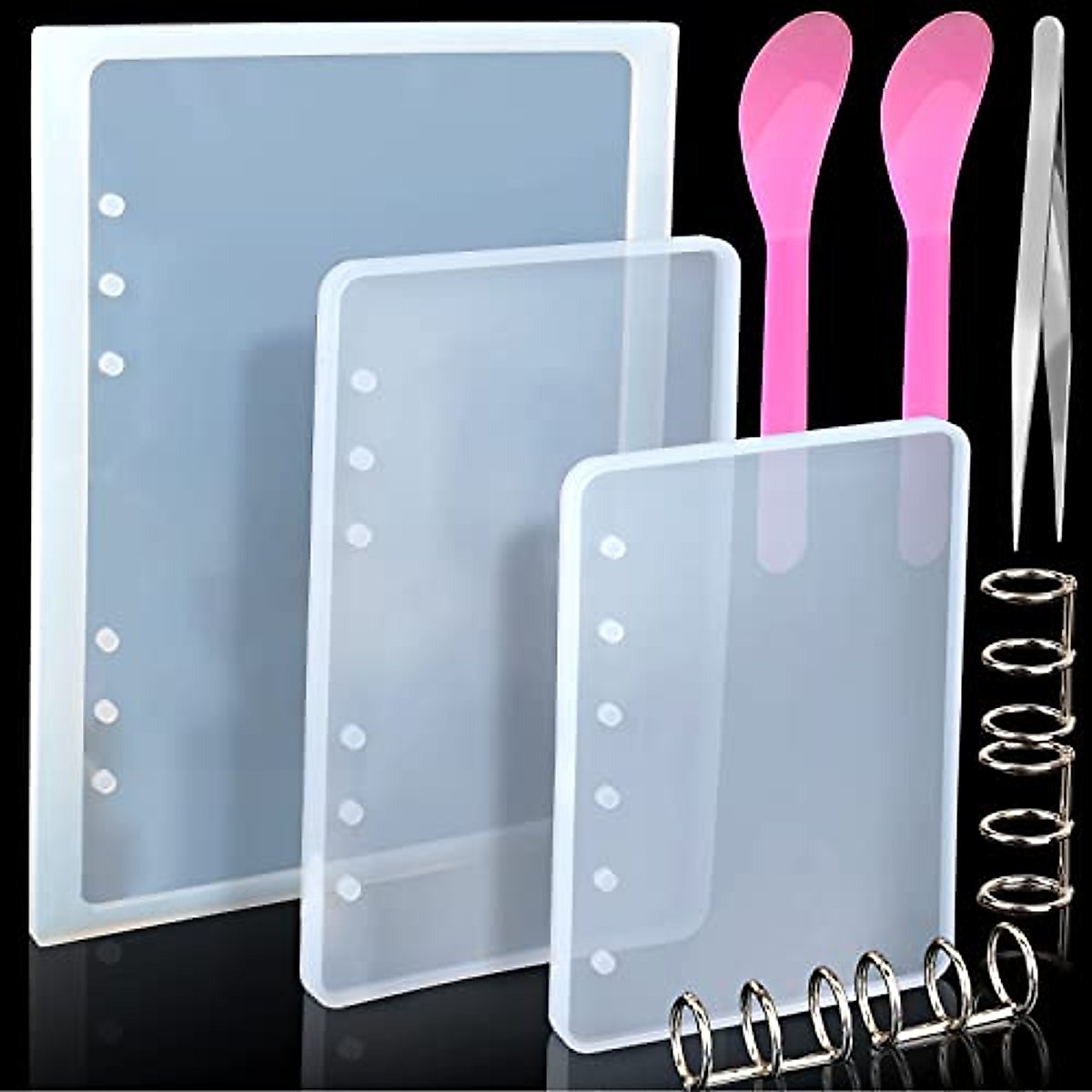 3Pcs Notebook Cover Resin Casting Molds for A5 A6 A7, LEOBRO Notebook Cover Silicone Molds, Resin Notebook Molds, Silicone Resin Molds for Notebook Epoxy Resin DIY, with Book Rings, Tweezers, Spoons