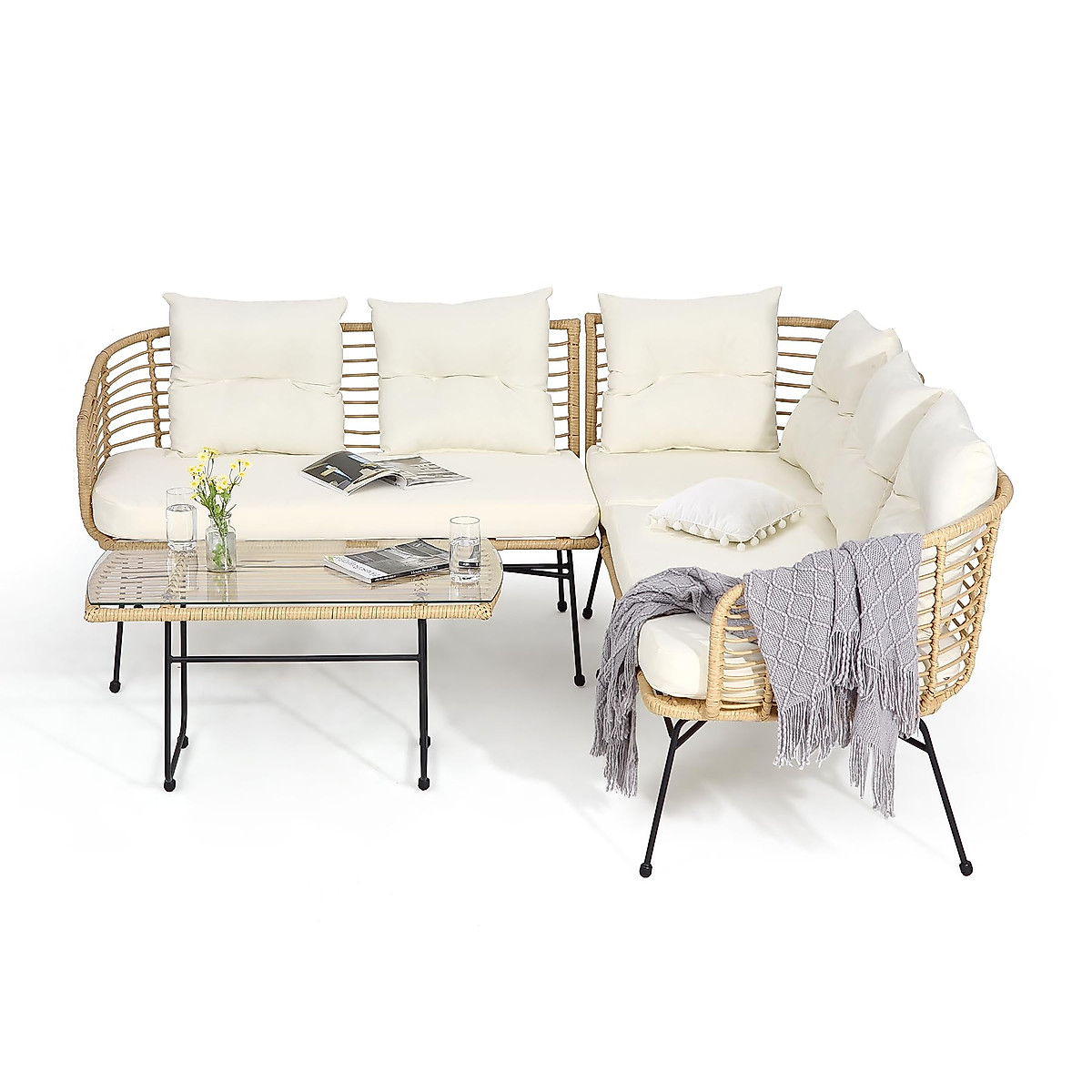 IDEALHOUSE 4 Pieces Patio Furniture Set,Boho L-Shaped Sofa Outdoor Furniture Lounge Set Conversation Sectional with Thick Cushions and Toughened Glass Coffee Table for Deck,Backyard, Porch