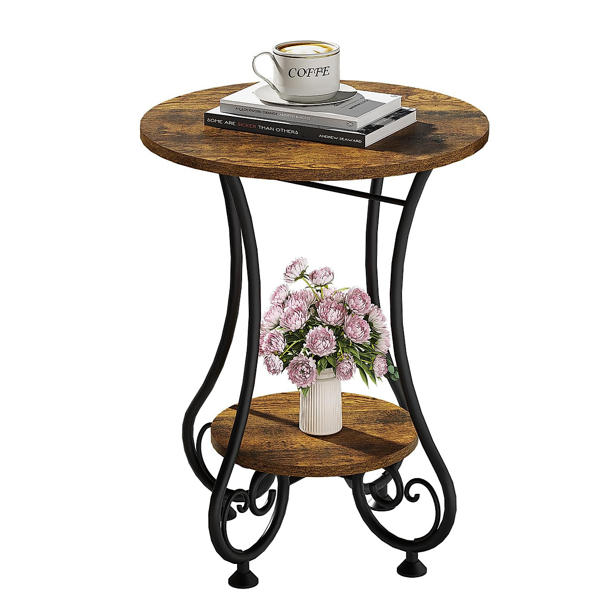 X-cosrack Round End Table, Industrial Retro Round Side Table for Small Spaces, Coffee Table for Living Room Balcony Bedroom Office,Stable Wood and Metal Frame,17.72" L x 17.72" W x 24.22" H