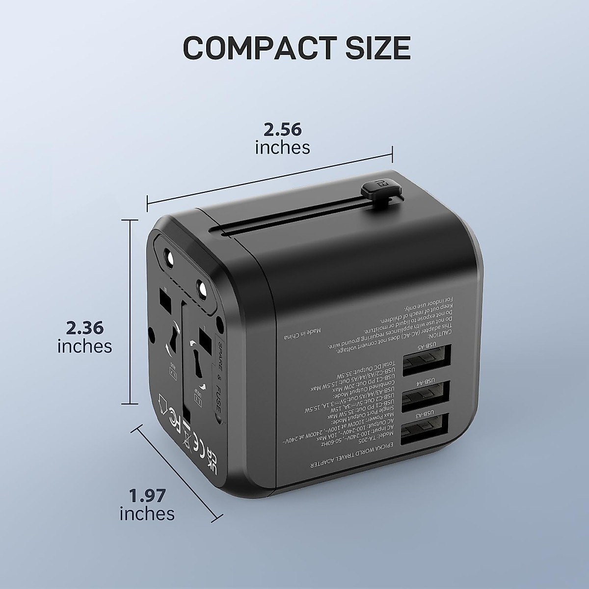 EPICKA Universal Travel Adapter, International Plug Adapter with Dual AC Outlet, 2 USB-C 35W PD Fast Charging & 3 USB-A, All in One Worldwide Wall Charger (TA-205, Black)