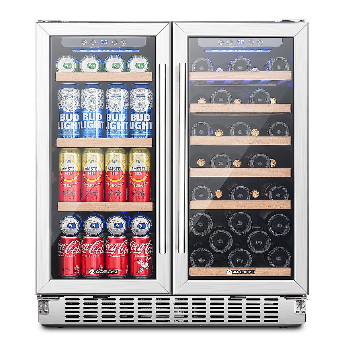 AAOBOSI 30 Inch Wine and Beverage Cooler, 31 Bottles & 110 Cans Wine Fridge, Glass Door Dual Zone Wine Refrigerator Freestanding and Built-in, Digital Temperature Control, Blue LED Display Light