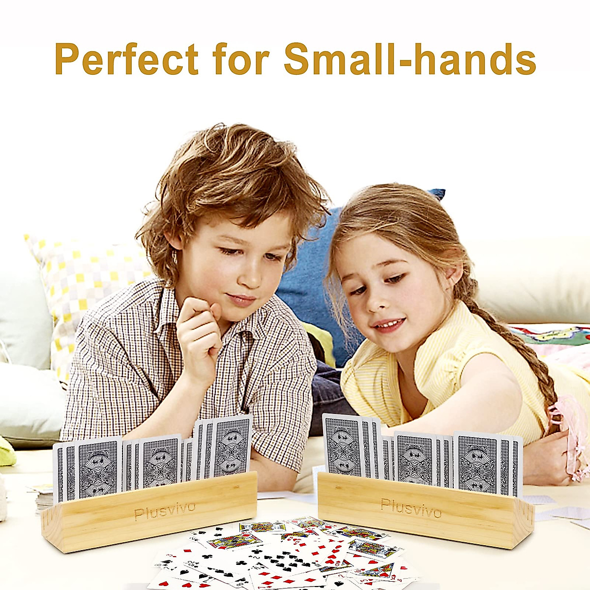 plusvivo Card Holders for Playing Cards Set of 2, Pine Solid Wooden Playing Card Holders for Adults Seniors Kids 9.84 X 3.15 X 2.25 Inch, Uno/ Canasta/ Bridge/ Hand and Foot Card Holder