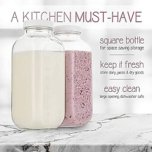 kitchentoolz 32oz Square Glass Milk Bottle with Plastic Airtight Lids, Reusable Dairy Drinking Containers for Refrigerator with Measurement Marks, Yogurt, Smoothies, Kombucha, Water- 4 Pack