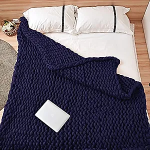 EASTSURE Chunky Knit Blanket Sofa Throw Hand-Made Super Large Bulky Chair Mat Rug,Navy,60"x80"