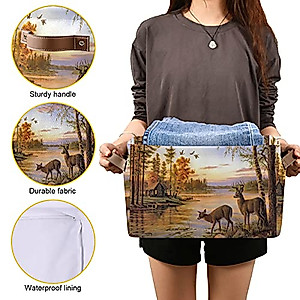 Rectangular Storage Bin Cube Forest Animal Deer Tree River Foldable Organizer Basket with Handles, Collapsible Storage Box for Kids Toy Shelf Closet Nursery