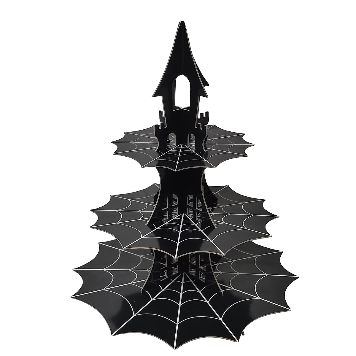 3-Tiers Spider Web Cupcake Stand for Hero Theme Party Supplies. Haunted House, Ghost,Cardboard, Dark Building Dessert Holder Halloween Party Serving Tray