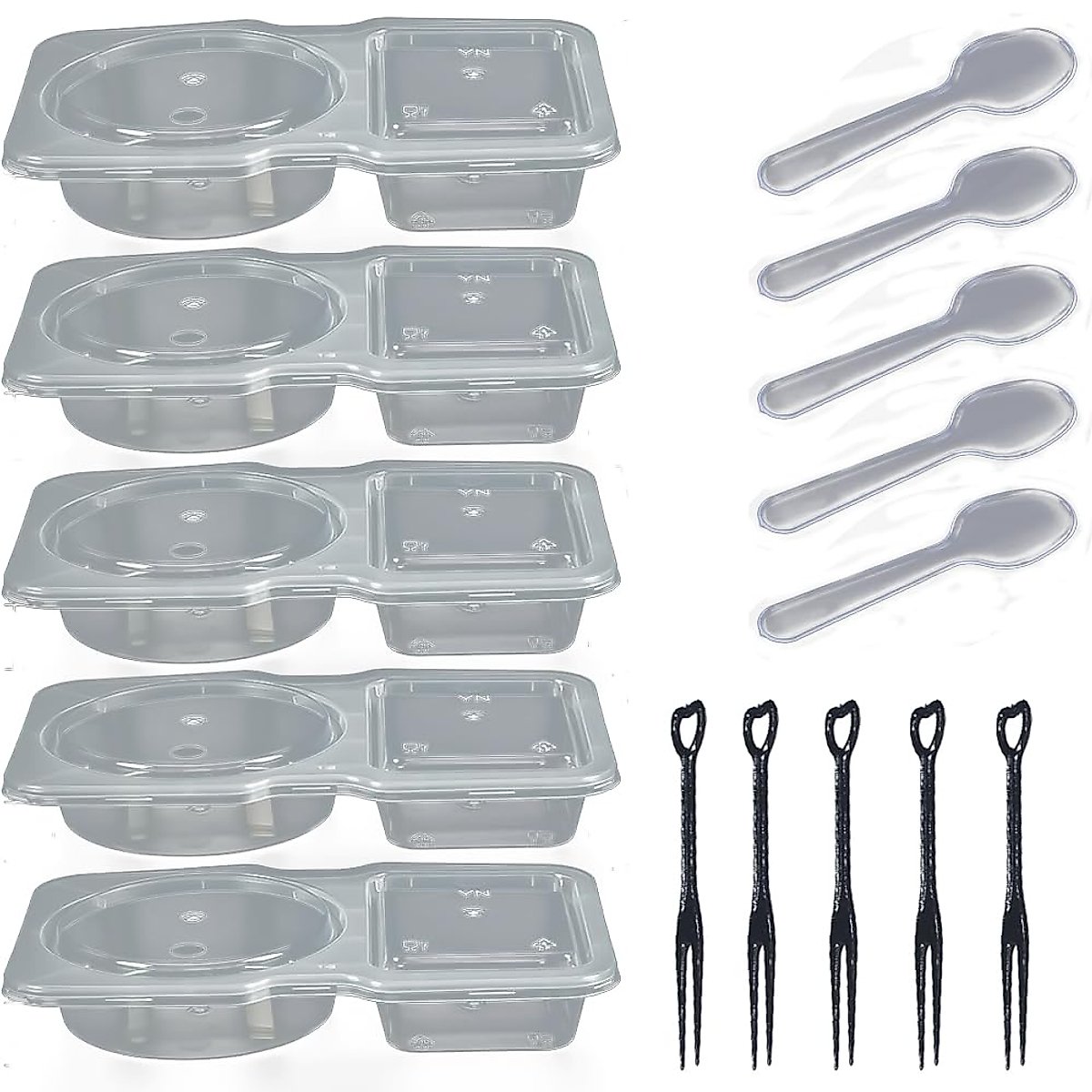 Dual Compartment Containerfor for Condiment, Dip, Sauce, Sampling and Travel Snacks，Portable Reusable Sauce Container，5Pcs Double Compartment Condiment Containers with Lids