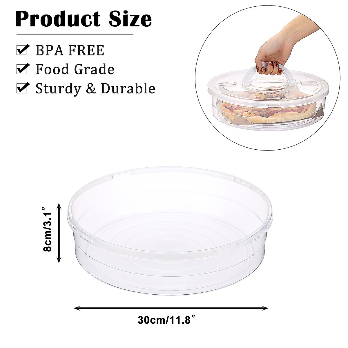 BSTKEY 12 inch Round Pizza Keeper, Food Storage Container with Lid and Handle, Pizza Dough Tray Fits 2-4 Dough Balls, Clear Plastic Food Storage Carrier for Cheese Cake Cupcakes Pies Pastries Fruit