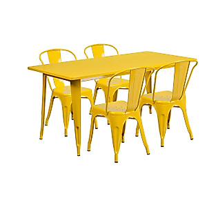 EMMA + OLIVER Commercial Rectangular Yellow Metal Indoor-Outdoor Table Set-4 Stack Chairs
