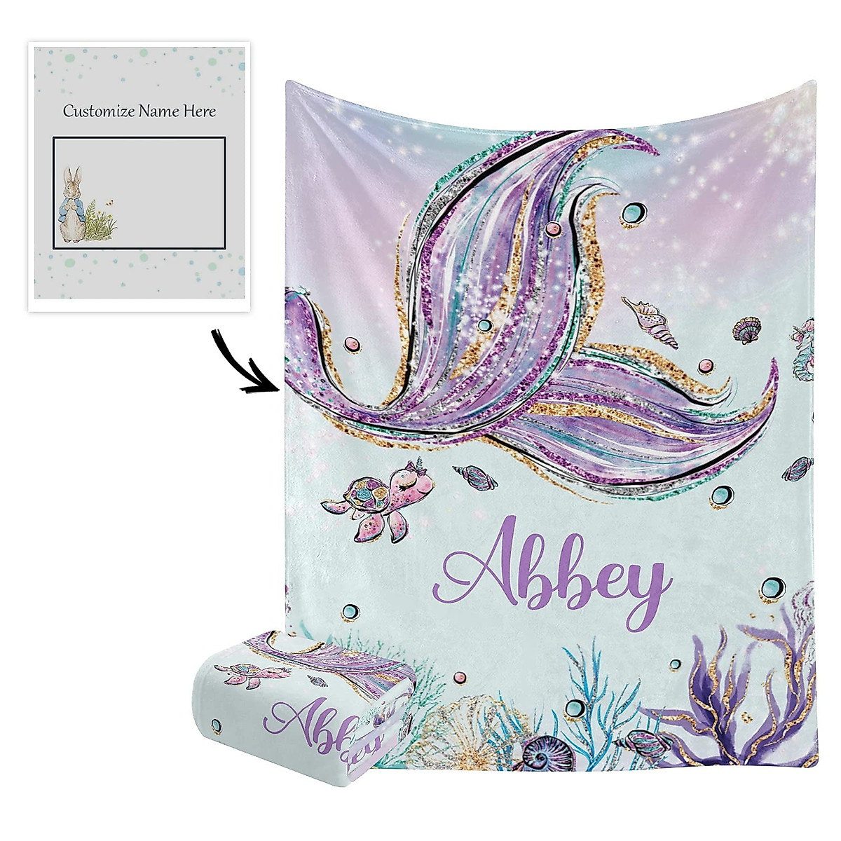 XOZOTY Print Mermaid Tail Purple Personalized Baby Blanket Swaddling with Name Nursery Fleece Throw Blankets for Newborns Boys Girls Kids Pet 30 X 40 Inch