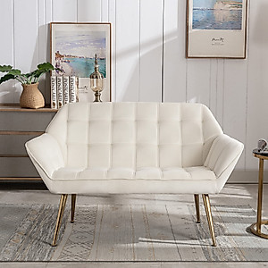 QUINJAY 48" Small Loveseat for Small Spaces, Modern Sherpa Mini Sofa Couch 2-Seater Velvet Love Seat with Quilting Back and Gold Legs for Living Room/Bedroom, Cream