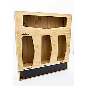 JMJ Ziplock Storage Bag Organizer for Kitchen Drawer, Pantry, Countertop. Bamboo Dispenser Fits Gallon, Sandwich, Quart, Snack. Fits 12" Foil or Plastic Wrap Roll
