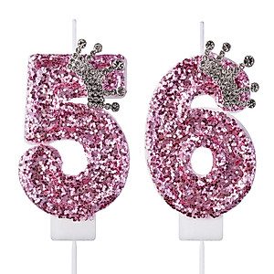 VSHILI 56 65 Birthday Candles, 56th 65th Cake Candles, Pink Birthday Number 56 65 Candles Cake Topper Decorations for Party Men Women