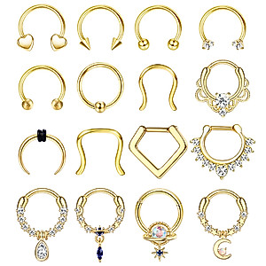 Besteel 16Pcs 16G Septum Rings, 316L Stainless Steel Nose Rings Hoop, Hinged Seamless Horseshoe Clicker Rings, Stainless Steel, cubic zirconia