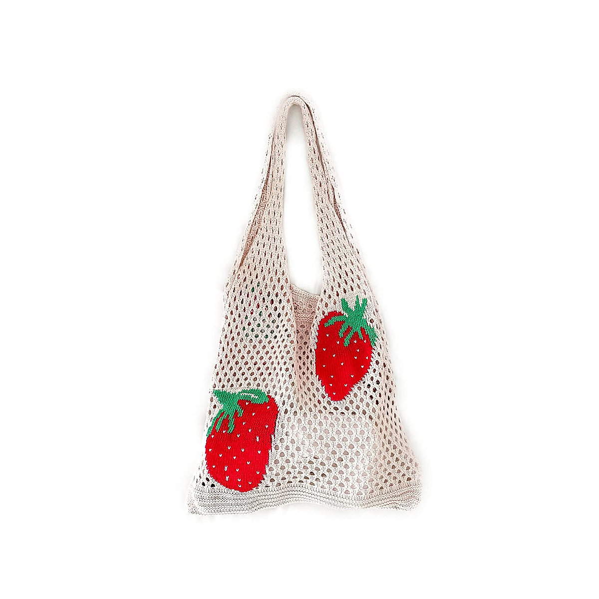 Stizimn Cute Strawberry Pattern Tote Bag Crochet Tote Bag Shoulder Bag Handbags Knitting Bag Aesthetic Handmade Weaving (White)