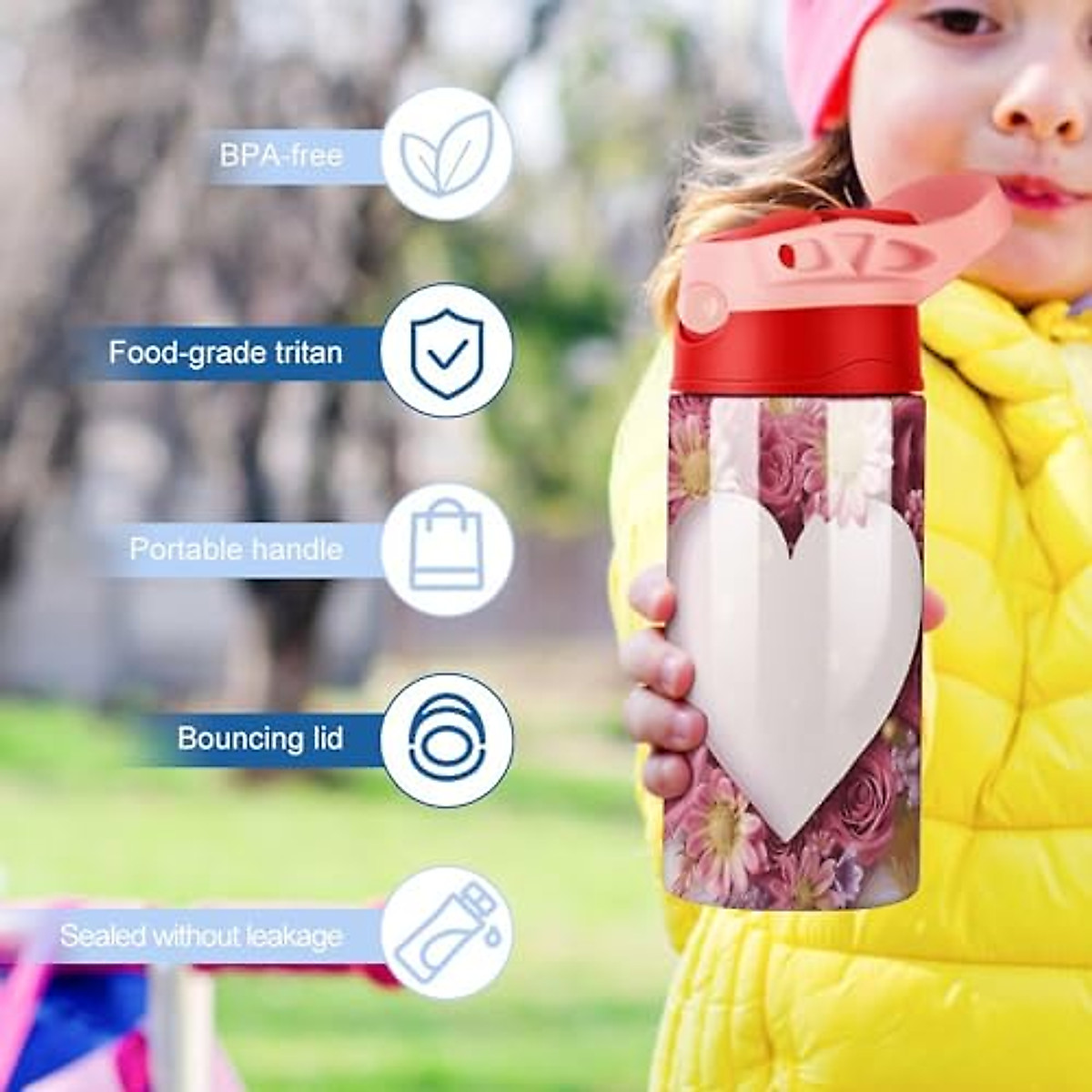 Stainless Steel Water Bottles Card Heart Shape Flowers Travel Water Cups with Handle And Silicone Straw Drinking Cup with Leak Proof Lid Thermo Travel Mug for Women Men