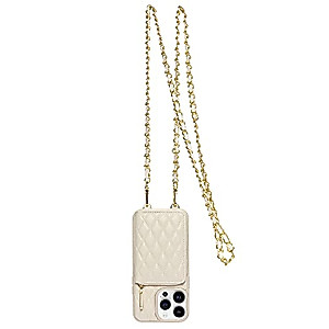 LAMEEKU iPhone 14 Pro Max Wallet Case with Card Holder & Crossbody Chain, RFID Shockproof, 6.7 Inch - Beige