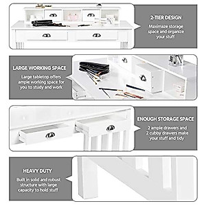 Yaheetech Writing Computer Desk Home Office Desk with Drawers and Hutch, 47 In Wood Frame Secretary Desk for Home Office with Large Desktop, Modern Workstation with Removable Floating Organizer, White