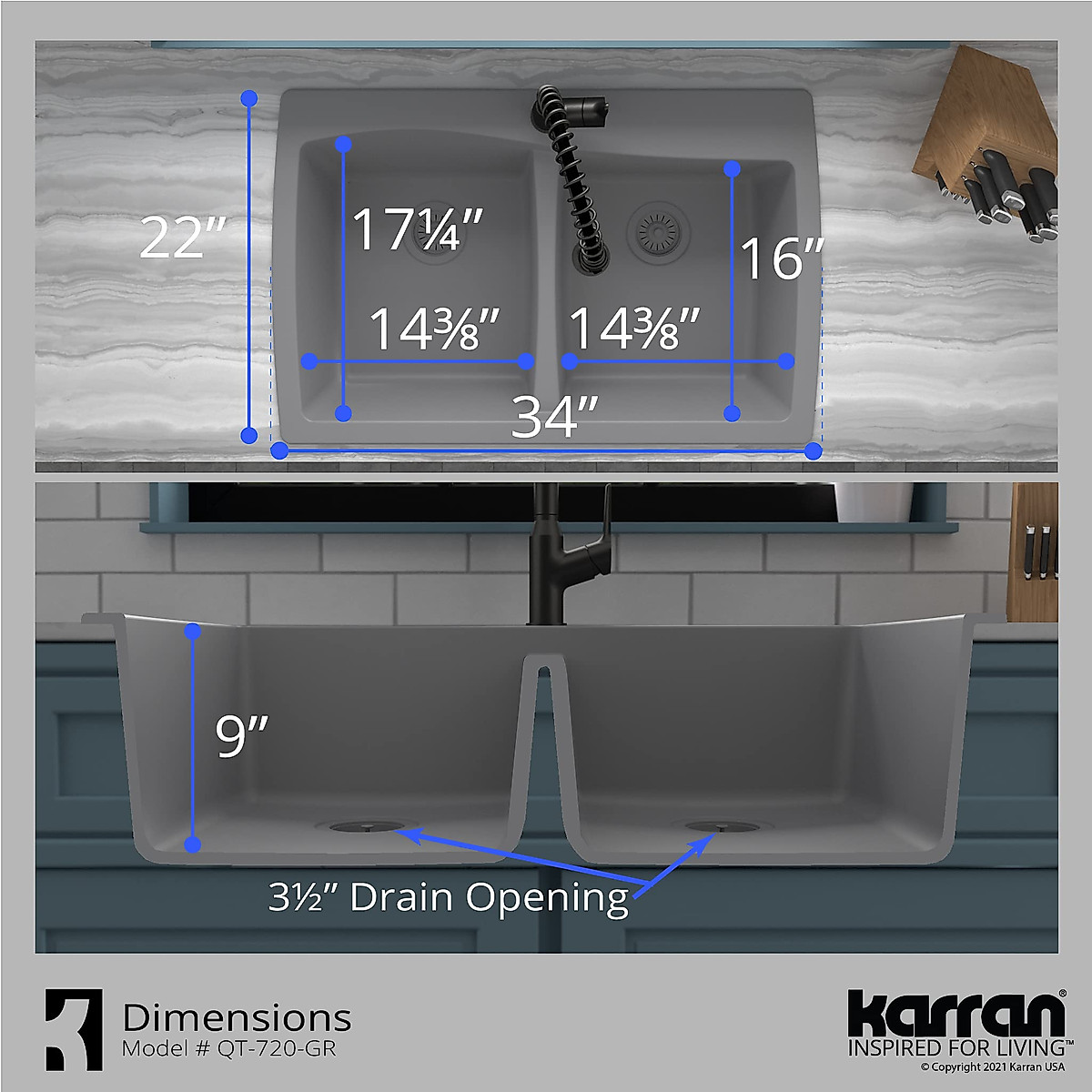 Karran QT-720 Drop-In Quartz Composite 34 in. 1-Hole 50/50 Double Bowl Kitchen Sink in Grey