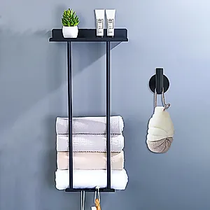 LIHOBI Towel Racks for Bathroom Wall Mounted, 15-30'' Adjustable Towel Holder with Shelf, 3 Hooks, and for Rolled Towels, Towel Storage for Bathroom Organizer, Black