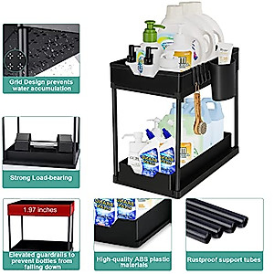 Under Sink Organizers and Storage 2 Pack, Sliding Under Kitchen Sink Storage 2 Tier Bathroom Cabinet Organizer with 8 Hooks & 2 Hanging Cups Multi-Use Under Sink Shelf for Kitchen Bathroom, Black