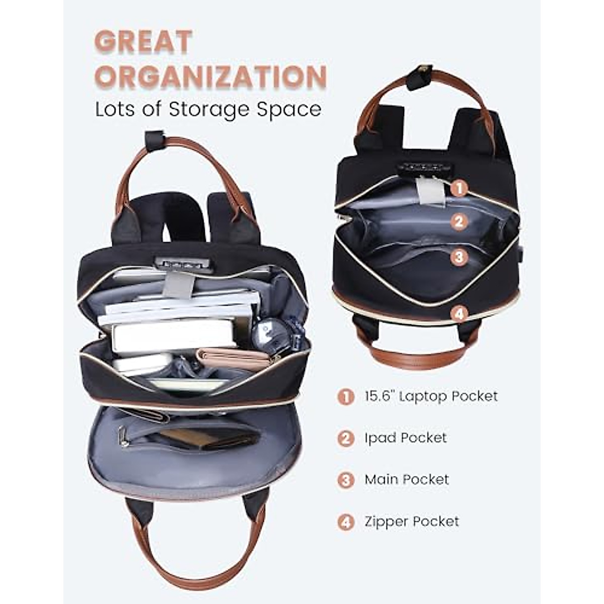 LOVEVOOK Laptop Backpack for Women, Large Capacity Travel Work Bags, Anti-theft Business Computer Backpacks Purse with 15.6 Inch Laptop Compartment, Casual Hiking Daypack, Black-Brown