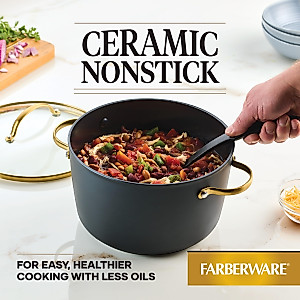 Farberware Forged Induction Ceramic Nonstick Cookware Stockpot with Lid, Dishwasher Safe, Suitable for All Stovetops, 6 Quart Soup Pot, Stockpot - Black and Gold