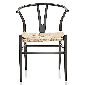 BELLEZE Black Kitchen Dining Room Chairs Set of 2, Modern Wishbone Indoor Dining Chairs with Mid-Century Metal Curved Backrest, Natural Weave Hemp Seat - Sorrento (Black)