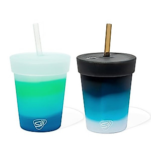 Silipint: Silicone Kids 8oz Straw Tumblers: 2 Pack - Moon Beam & Mountain Air -Unbreakable Cups, Sustainable, Airtight Lid, Flexible