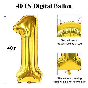 1Pcs 40 Inch Gold Number Balloon +3 Pcs Random Balloons, Number 1 Huge Digital Balloons (0-9), Foil Mylar Big Digital Number Balloon for Wedding, Christening, Anniversary, Birthday Decorations